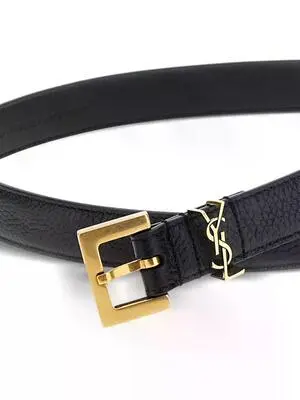 Saint Laurent Cassandre Thin Belt In Grained Leather - Black