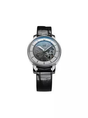 FOB PARIS Skeleton Dial Leather Strap Watch - Silver
