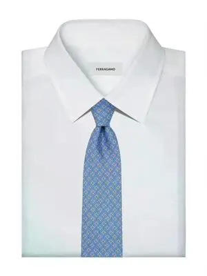 FERRAGAMO Silk Graphic Print Neck Tie - Blue