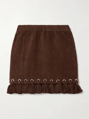 CAP D’ANTIBES Tasseled Eyelet-embellished Cotton-terry Mini Skirt - Brown