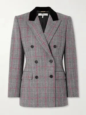 Chloé Double-breasted Checked Wool Blazer With Velvet Trim