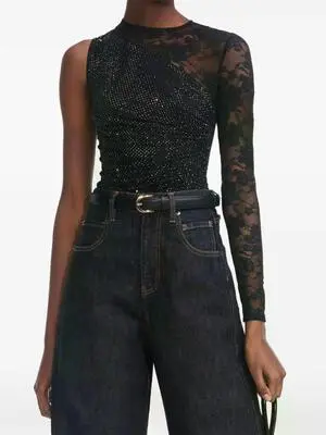 SELF-PORTRAIT Embellished Lace Long Sleeve Top - Black