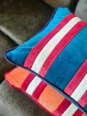 LES-OTTOMANS Striped Velvet Cushion - Blue
