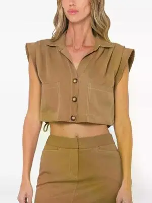 JBQ Button-up Cropped Shirt With Drawstring Hem - Neutrals