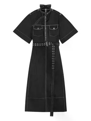 GANNI High-collar Belted Shirt Dress With Contrast Stitching