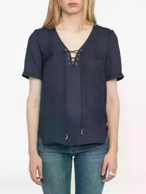 Zadig&Voltaire V-neck Lace-up T-shirt With Textured Finish - Blue