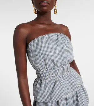 Posse Aurelia Gingham Strapless Cotton Top - Blue