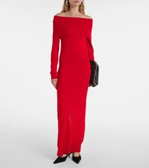 Stella McCartney Off-shoulder Maxi Dress In Lipstick Virgin Wool