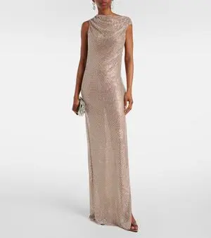SELF-PORTRAIT Rhinestone Draped Open-back Maxi Dress