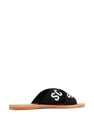Schutz Logo Print Flat Leather Slides - Black