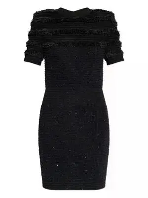 Balmain Textured Sequin Embellished Short Sleeve Dress - Black