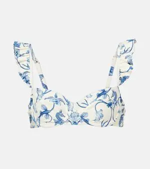 Agua Bendita Printed Ruffled Bikini Top - White