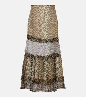 GANNI Leopard-print Ruffled Chiffon Maxi Skirt - Brown