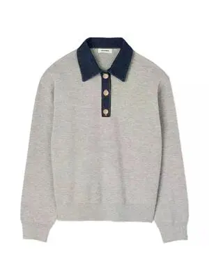 Sandro Contrast Denim Polo-collar Sweater - Grey