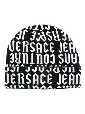 Versace Logo Jacquard Beanie Hat - Black