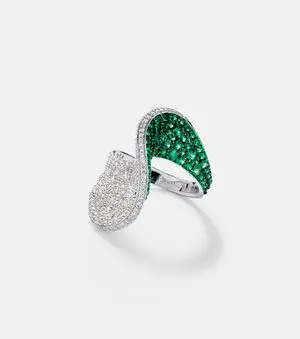 KAMYEN 18kt White Gold Ring With Diamonds And Emeralds - Silver