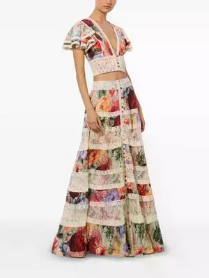 Alice + Olivia Keeley Floral-print Blouse With Ruffled Sleeves And Lace Trim - Neutrals
