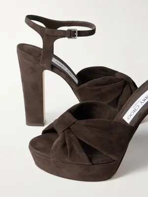 JIMMY CHOO Heloise 120 Knotted Suede Platform Sandals - Brown