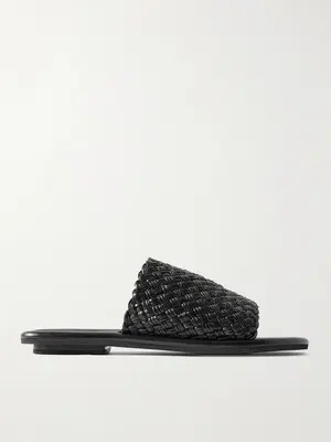 ST. AGNI Woven Leather Flat Sandals - Black