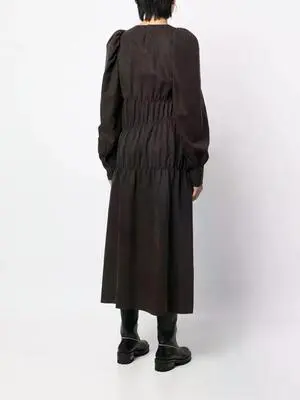Goen.j Ruched Puff Sleeve Midi Dress - Brown
