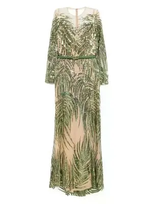Elie Saab Embellished Tulle Maxi Dress With Belt - Green