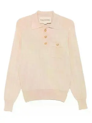 Valentino Garavani Long-sleeved Ribbed Cotton Polo Shirt - Neutrals