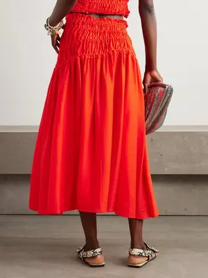 Tory Burch Ruffled Shirred Lyocell-blend Midi Skirt - Red