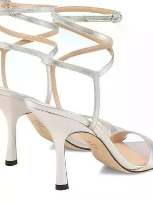STUART WEITZMAN Leather Spiral Ankle Wrap Stiletto Sandals - Silver
