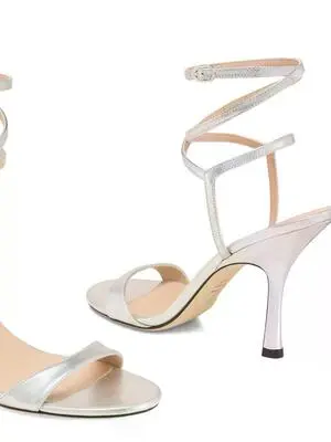 STUART WEITZMAN Leather Spiral Ankle Wrap Stiletto Sandals - Silver