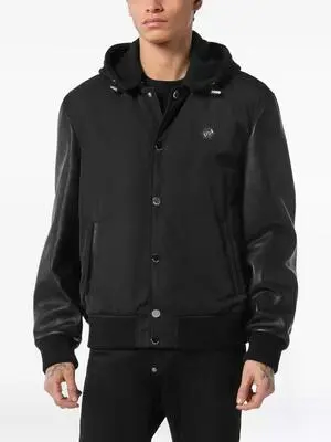 Philipp Plein Hooded Leather-sleeve Bomber Jacket - Black