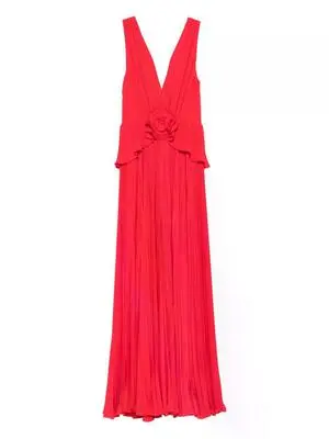 NISSA Pleated Maxi Dress With Rose Appliqu - Red