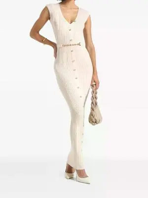 Manière De Voir Belted Ribbed Knit Maxi Dress - Neutrals