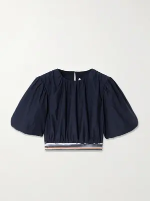 Veronica Beard Gabriela Cropped Striped Cotton And Silk-blend Blouse - Blue