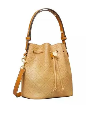 Tory Burch T Monogram Bucket Bag In Pebbled Leather - Neutrals