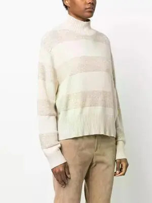 Brunello Cucinelli Beige Virgin Wool-cashmere Blend Striped Roll-neck Sweater