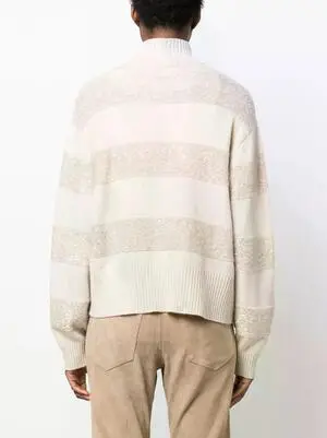 Brunello Cucinelli Beige Virgin Wool-cashmere Blend Striped Roll-neck Sweater