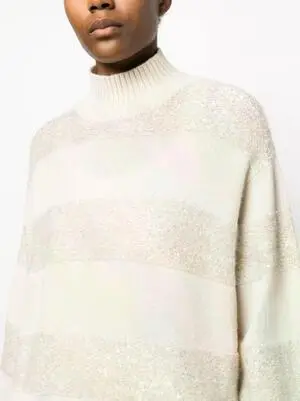 Brunello Cucinelli Beige Virgin Wool-cashmere Blend Striped Roll-neck Sweater