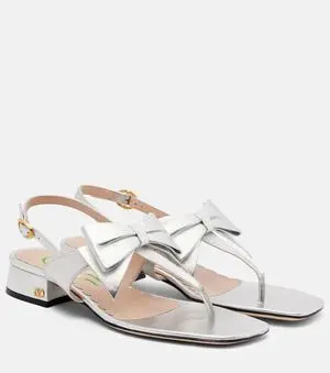 Valentino Garavani Bow Detailing Metallic Leather Thong Sandals - Silver