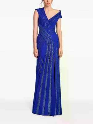 GABY CHARBACHY Cobalt Pleated Gown With Lurex Detailing