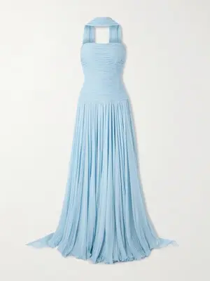 MARMAR HALIM Strapless Scarf-detailed Plissé Silk-georgette Gown - Blue