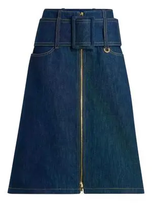 PATOU Belted Zip-front A-line Denim Skirt