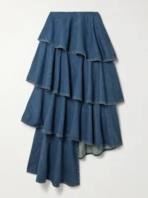 Alaïa Asymmetric Ruffled Tiered Denim Skirt - Blue