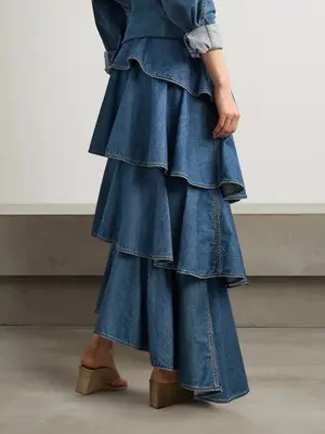 Alaïa Asymmetric Ruffled Tiered Denim Skirt