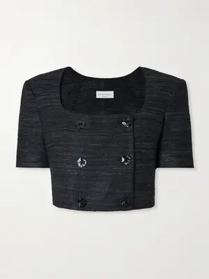 VIOLANTE NESSI Cropped Silk-tweed Double-breasted Top - Black