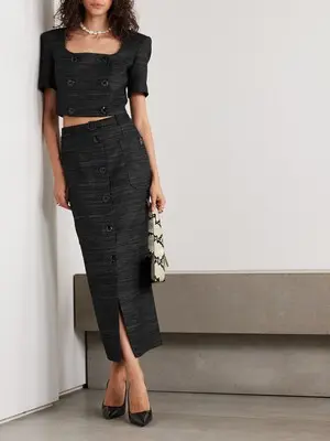 VIOLANTE NESSI Cropped Silk-tweed Double-breasted Top - Black