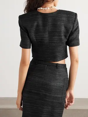 VIOLANTE NESSI Cropped Silk-tweed Double-breasted Top - Black