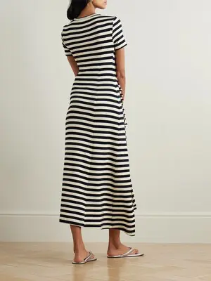 Rabanne Gathered Embellished Striped Wool-blend Midi Dress