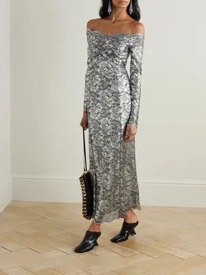 Rabanne Off-the-shoulder Metallic Stretch-lace Midi Dress - Silver