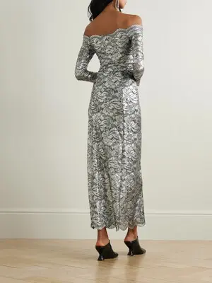 Rabanne Off-the-shoulder Metallic Stretch-lace Midi Dress - Silver