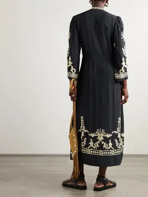 MARANT ETOILE Embroidered Pleated Crepe Midi Dress